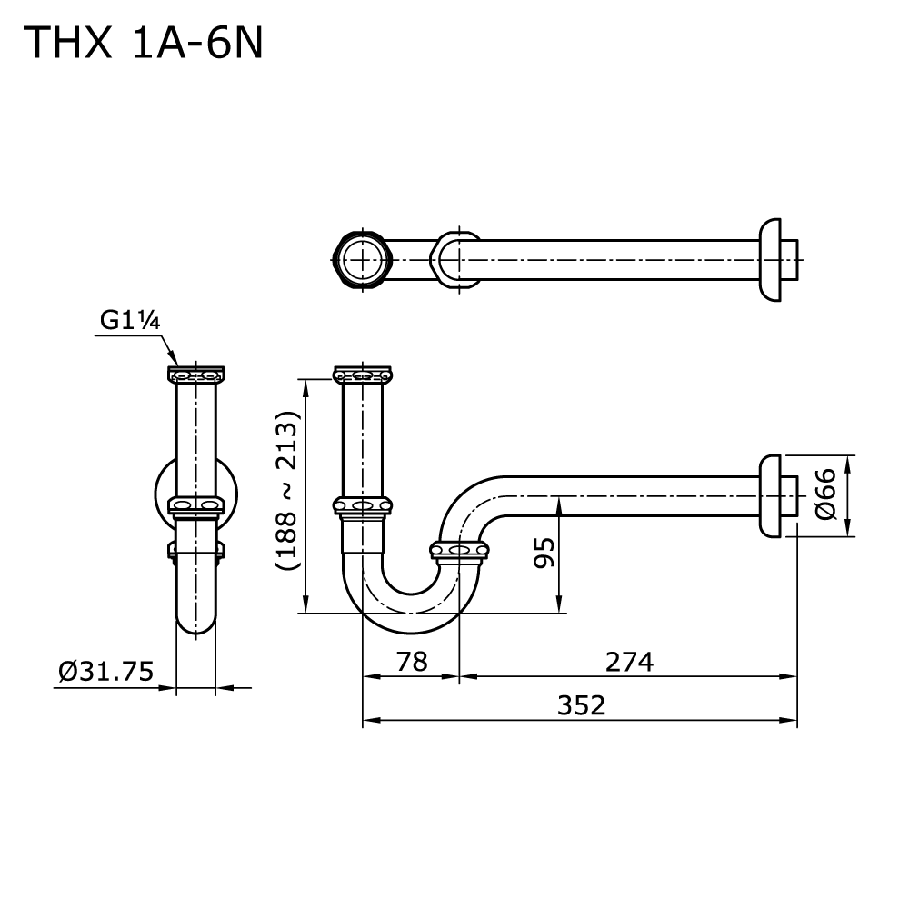 TOTO THX1A-6N L=352 MM SIPHON WST CHR